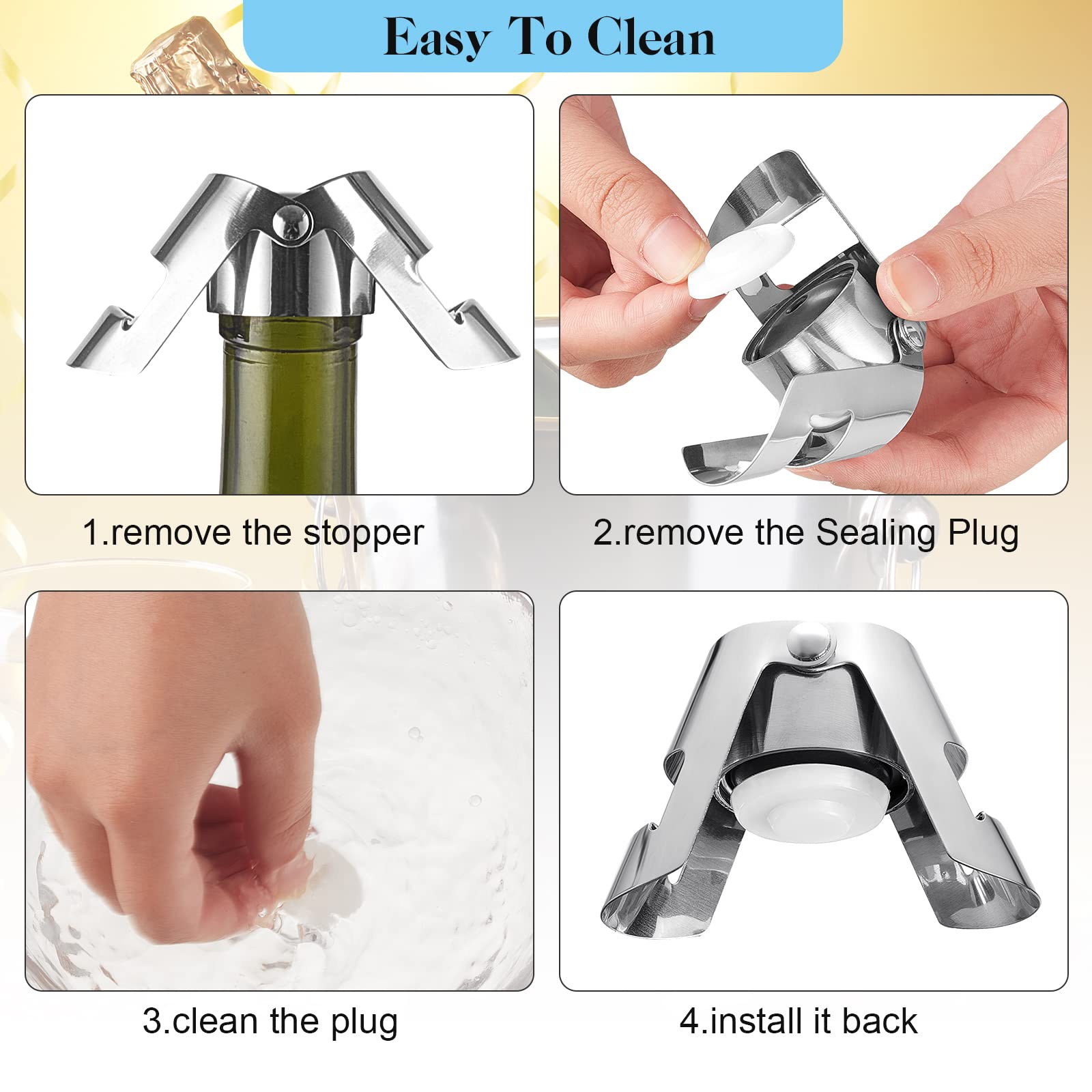 12 Pcs Stainless Steel Champagne Stopper Reusable Bottle Sealer Wine Corker Champagne Cork Stopper with a Built in Sealing Plug Compact Champagne Saver Plug for Cava Prosecco