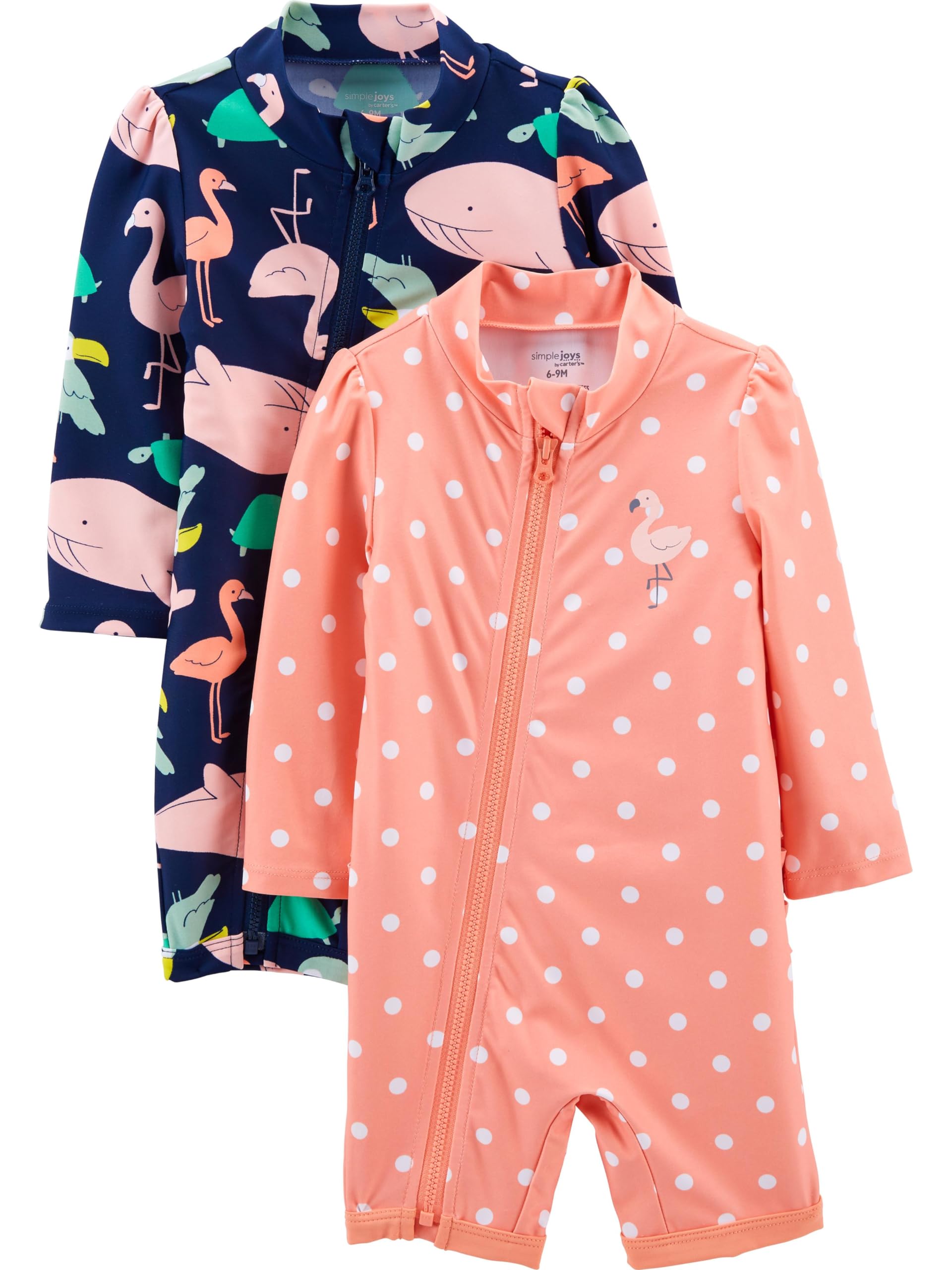 Simple Joys by Carter's Girls' 2-Pack 1-Piece Zip Rashguards, Navy Sea Friends/Peach Dots, 6-9 Months