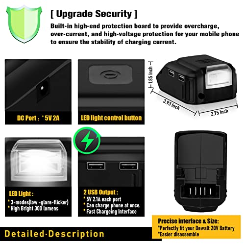 【with DC/USB Ports & LED Light】 Replacement for Dewalt Battery Adapter 20V Phone Charger Heated Jacket Ddapter for Dewalt DCB090 Converters Power Source (for Dewalt 12V 14.4V 18V 20V Battery)
