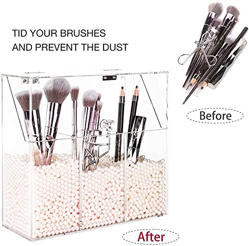 YestBuy Acrylic Makeup Brush Holder, Clear Makeup Brush Organizer For Vanity, Cosmetic Brush Storage Box with Pink Pearls, For Bathroom, Bedroom, Vanity Countertop