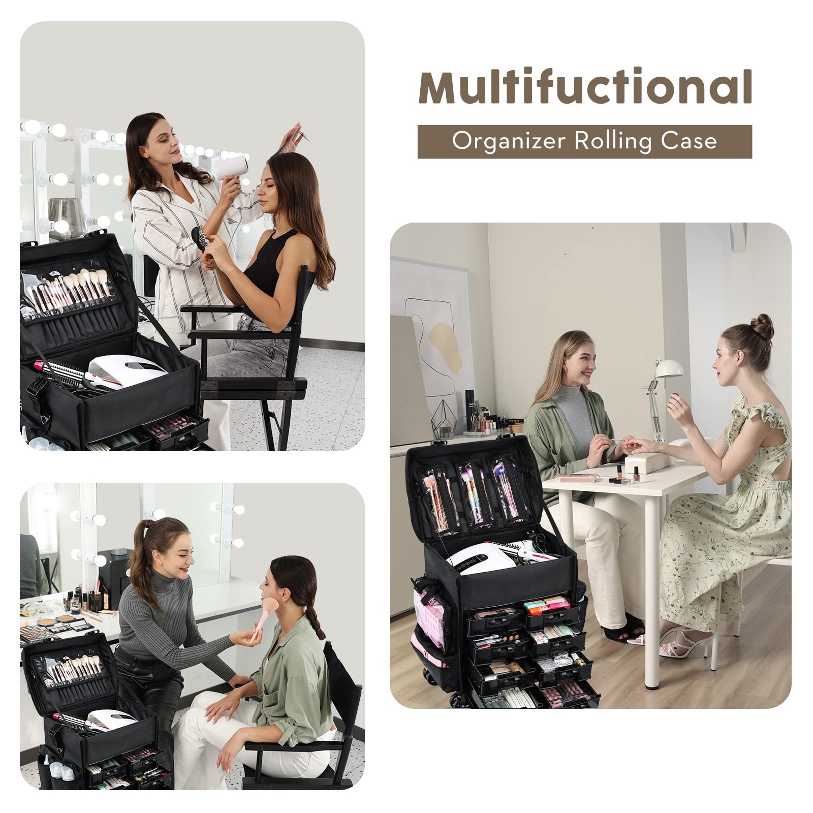Costravio Professional Makeup Case, 2in1 Travel Makeup Rolling Case Soft Sided Cosmetology Train Case with Wheels Makeup Artist Cosmetic Organize for Make-up, Nail Art, Beauty, Hairstylist, Black
