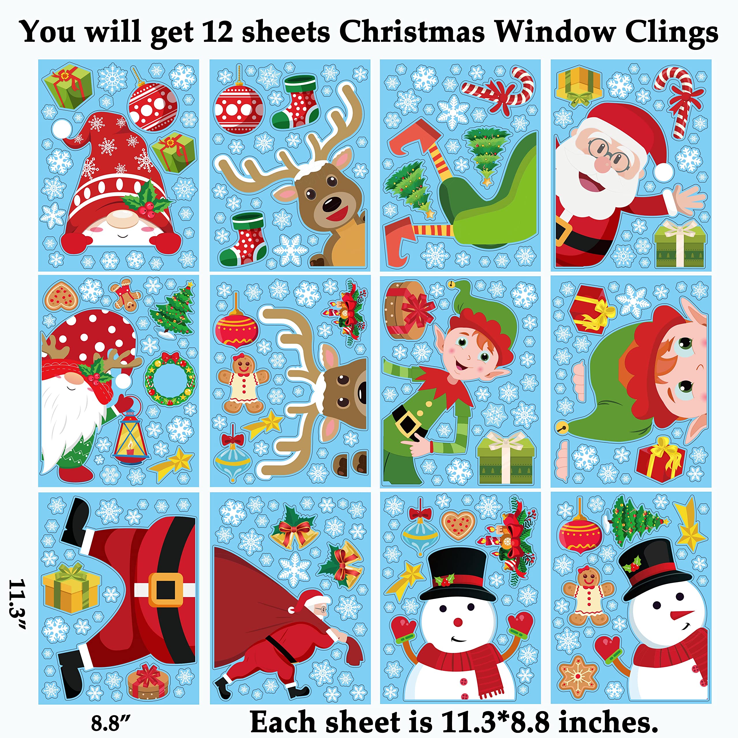 90shine 314PCS Christmas Decorations Window Clings - Xmas Holiday Snowflake Santa Elf Reindeer Gnome Peeking Decals, Winter Wonderland Party Supplies Decor, 12 Sheets