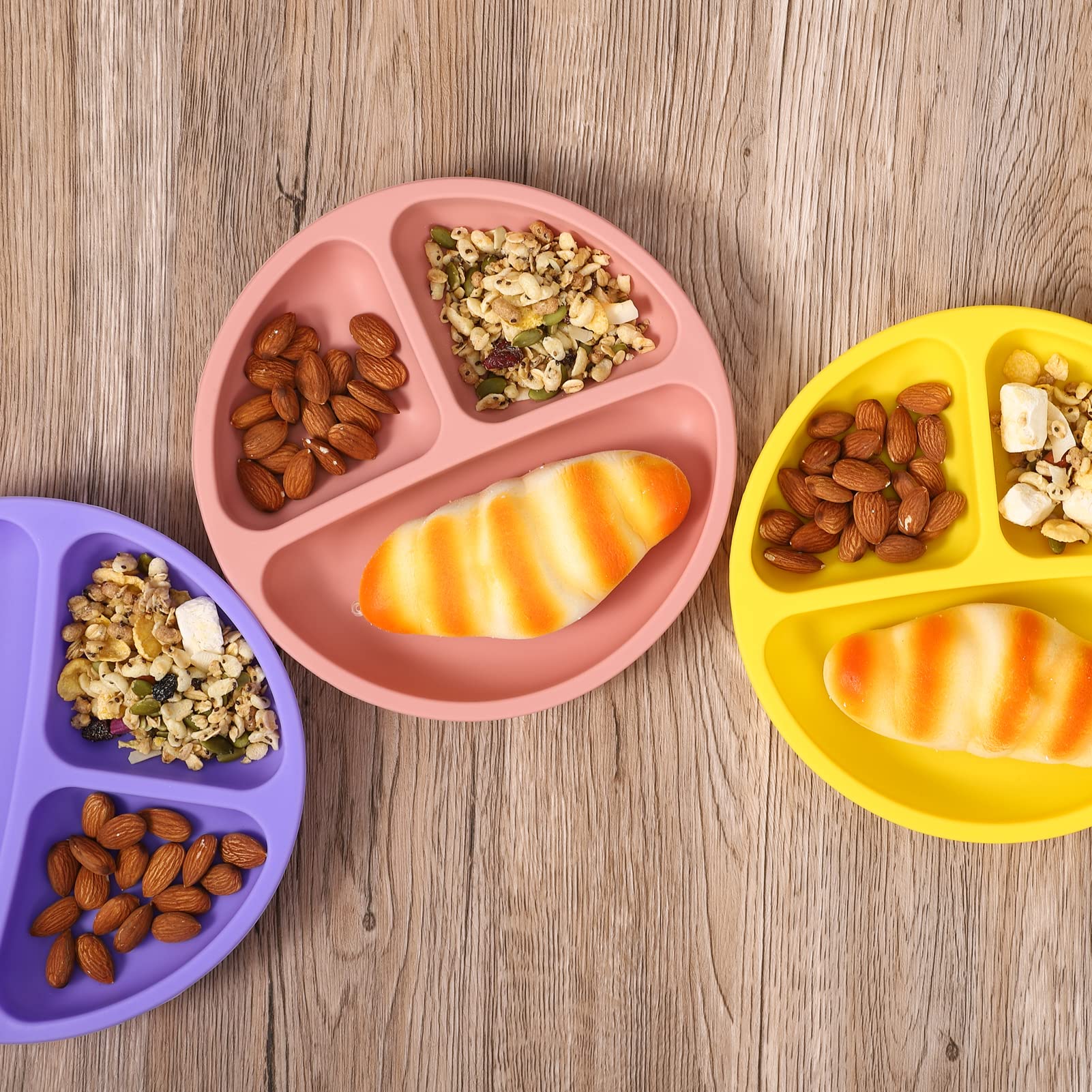 Cibeat Toddler Plates 3 Pack, 100% Silicone Suction Plates for Babies and Toddlers, Microwave and Dishwasher Safe, BPA Free, Divided Design, Pink & Yellow & Purple