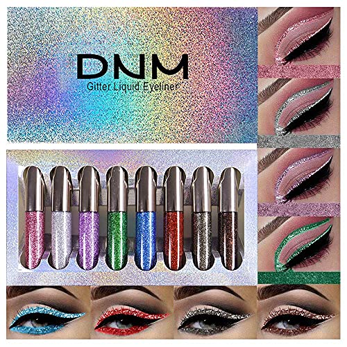8 Colors Liquid Glitter Eyeliner Set delineadores de colores para ojos DNM Silver Gold Blue Green Shimmer Sparkly Sparkling Colorful Glitter Gel Liquid Eyeliner Liner Pen Pack Makeup Glitters for Eyes