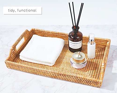 Large Rattan Tray with Rattan Coasters - Premium Flat Rectangular Serving Tray with Handles, Wicker Basket Tray 17''x11.4''x2'' Hand Woven Decorative Bed Tray for Coffee Table, Boho Tray by LYSCO