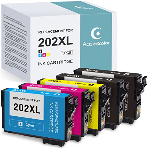 ActualColor C 202XL Remanufactured Ink Cartridge Replacement for Epson 202XL T202XL 202 XL for Workforce WF-2860 WF2860 Expression Home XP-5100 XP5100 Printer (Black Cyan Magenta Yellow, 5-Pack)