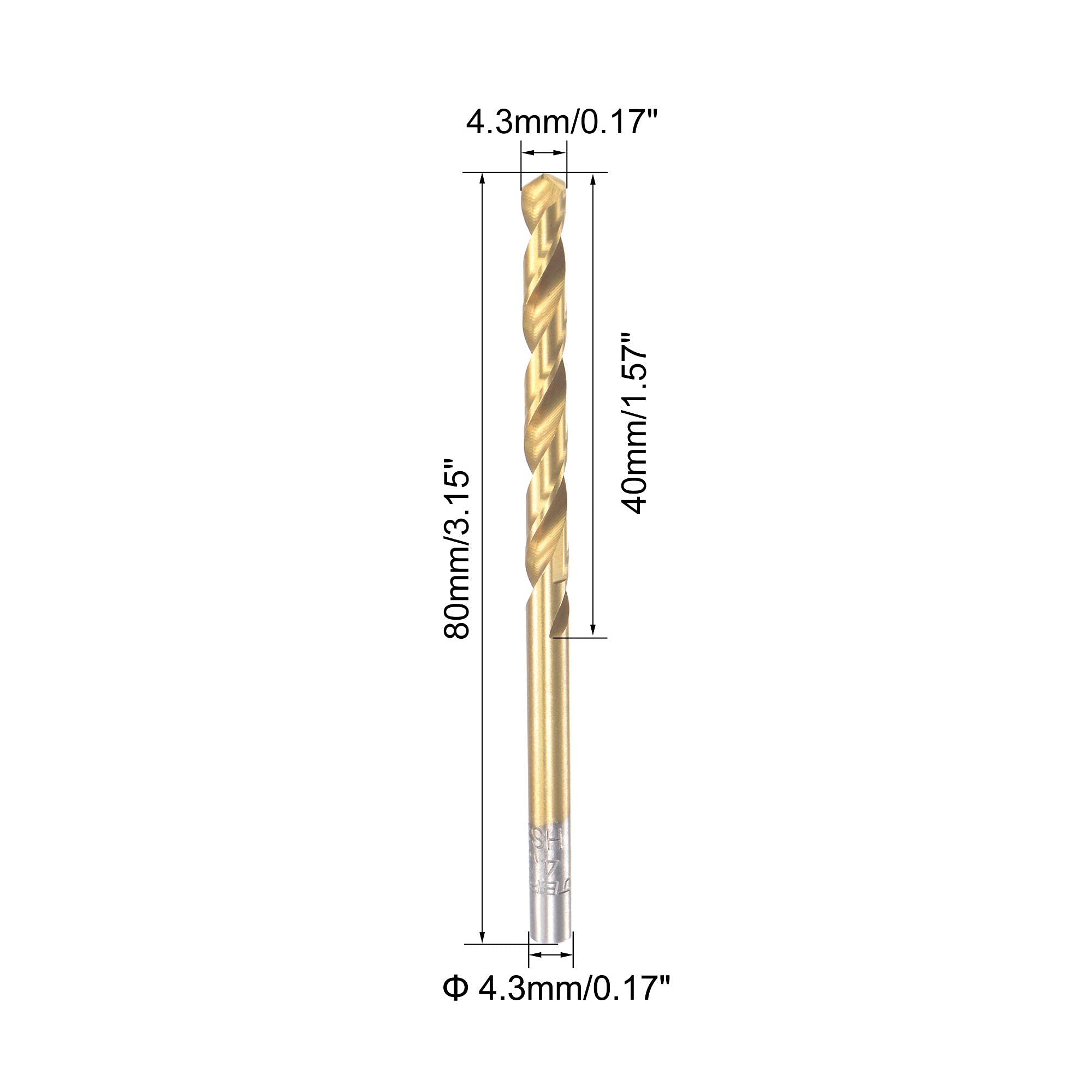 uxcell 4.3mm Drill Bits High Speed Steel Straight Shank 80mm Length Twist Drill Bit Fully Ground Titanium Coated 2 Pcs