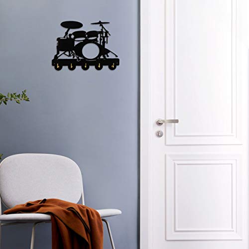 ULTECHNOVO Black Metal Hangers Wooden Hook Racks Decorative Wall Mounted Hanger Drum kit Pattern Coat Hook with 5 Hooks Hanging Hook Rack for Scarf Bag Towel Hat Keys Kitchen Cabinet Hooks