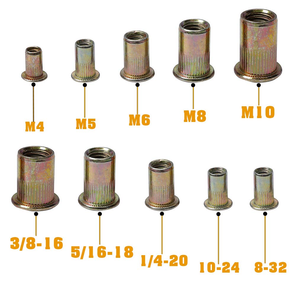 340PCs Rivet Nuts 8-32 10-24 1/4-20 5/16-18 3/8-16 Metric Rivet Nuts M4 M5 M6 M8 M10 Nutsert RIV Nuts Threaded Insert Nuts Kit Carbon Steel