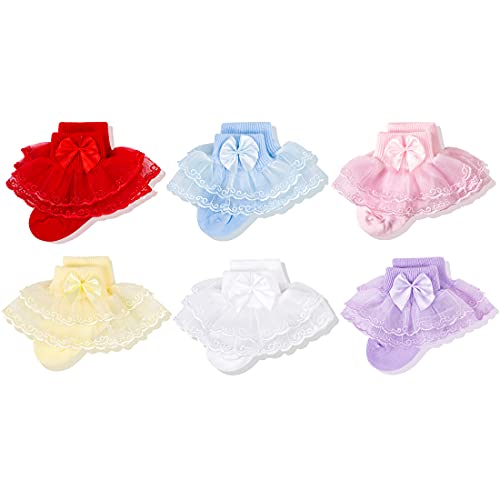 CozyWay Toddler Socks Lace Ruffle Baby Girl Socks Frilly Eyelet Trim Ankle Dress Socks 0-6 Months Multi Color - 6 Pack