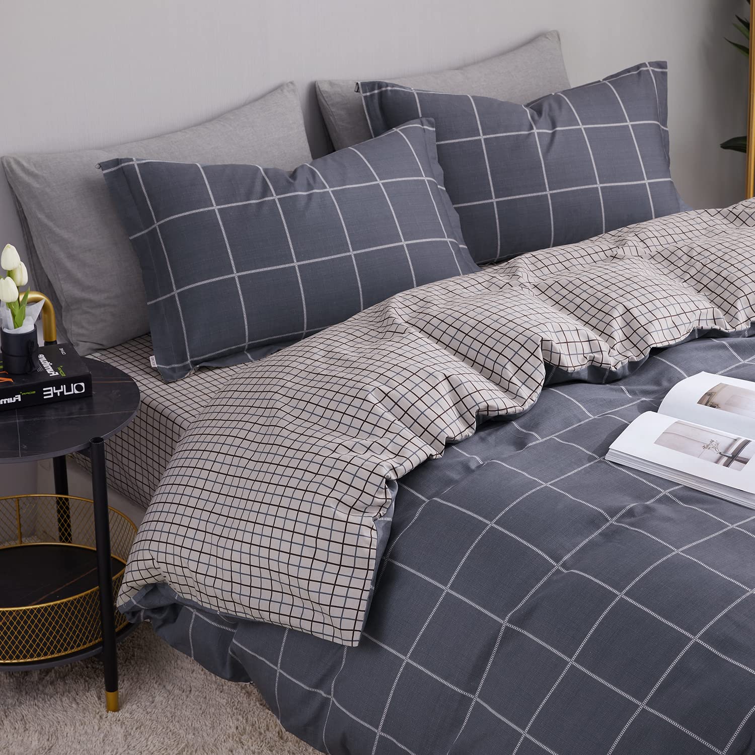 SAPHREAS Gray Plaid Duvet Cover Set Queen Size 3pcs Dark Grey Grey Geometric Grid Cotton Bedding Comforter Cover Set 1 Quilt Cover 2 Pillow Shams