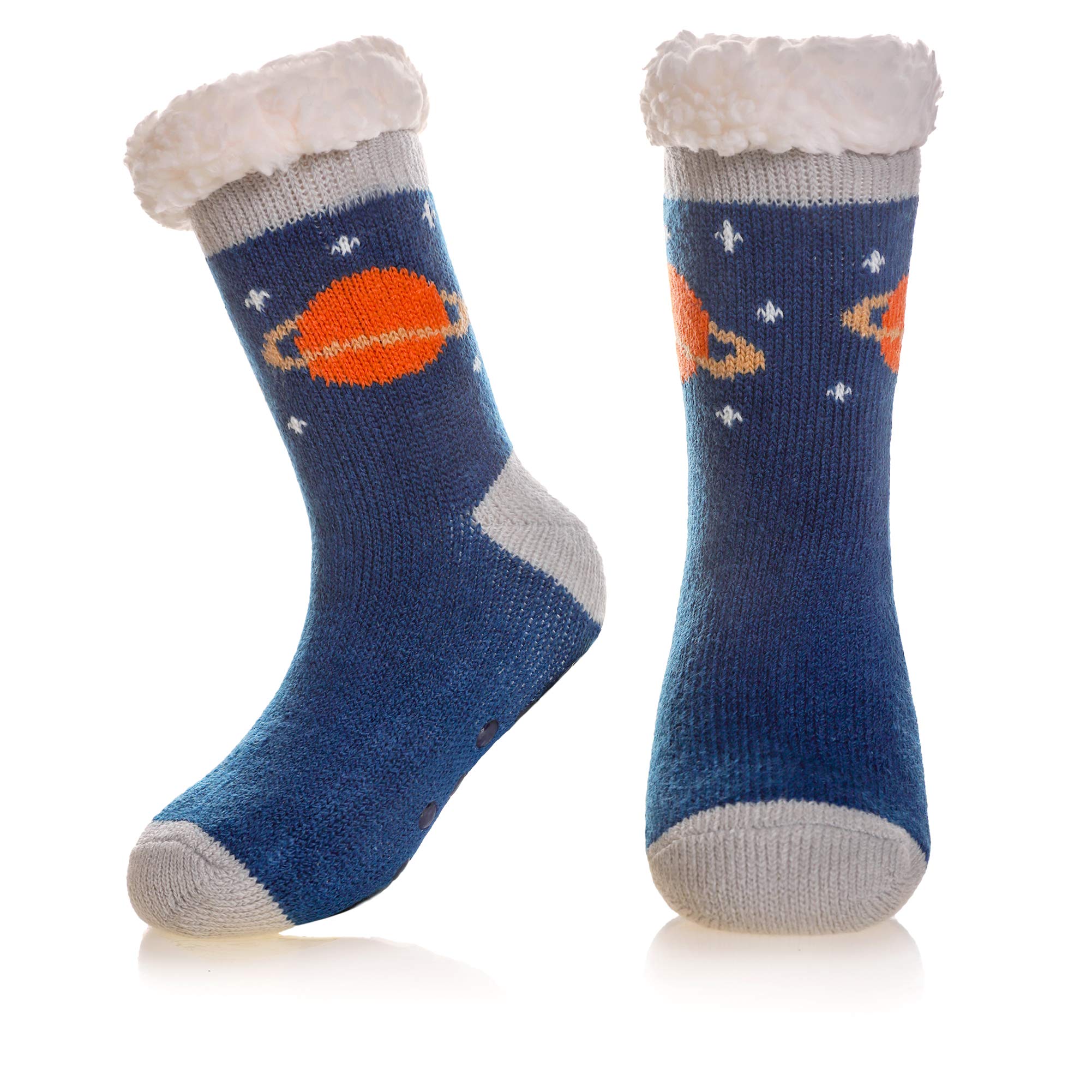 SeeyAN Kids Slipper Socks Fuzzy Socks For Boys Girls Warm Thermal Winter Non Slip Home Socks With Grips (Dark Blue, 5-8 Years)