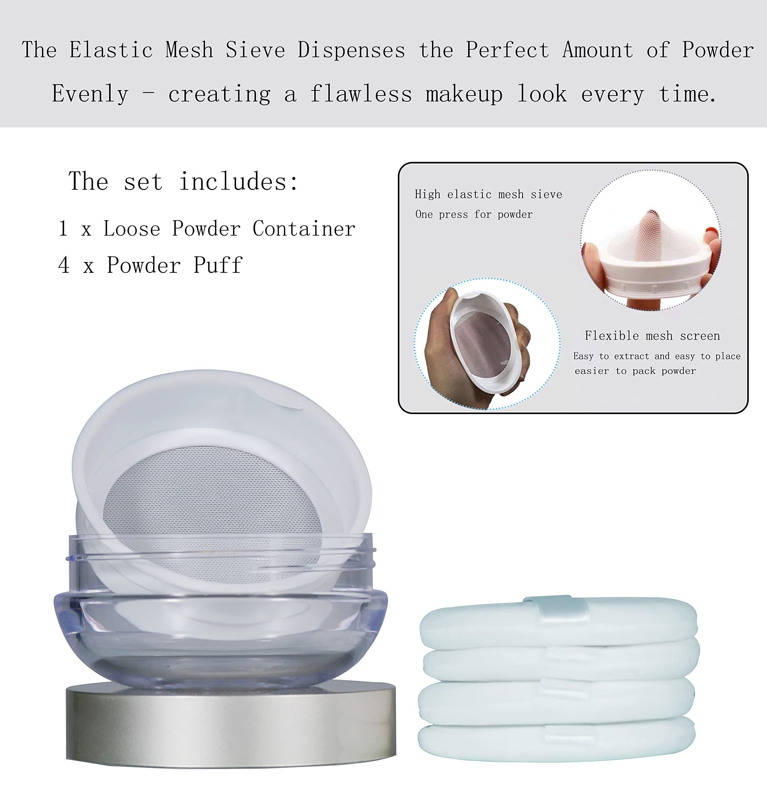 Powder Puff, Loose Powder Containers, Reusable Empty Makeup Powder Container with Elasticated Net Sifter for Setting Powder, Face Powder, Loose Powder, ect, for Travel and Daily Use