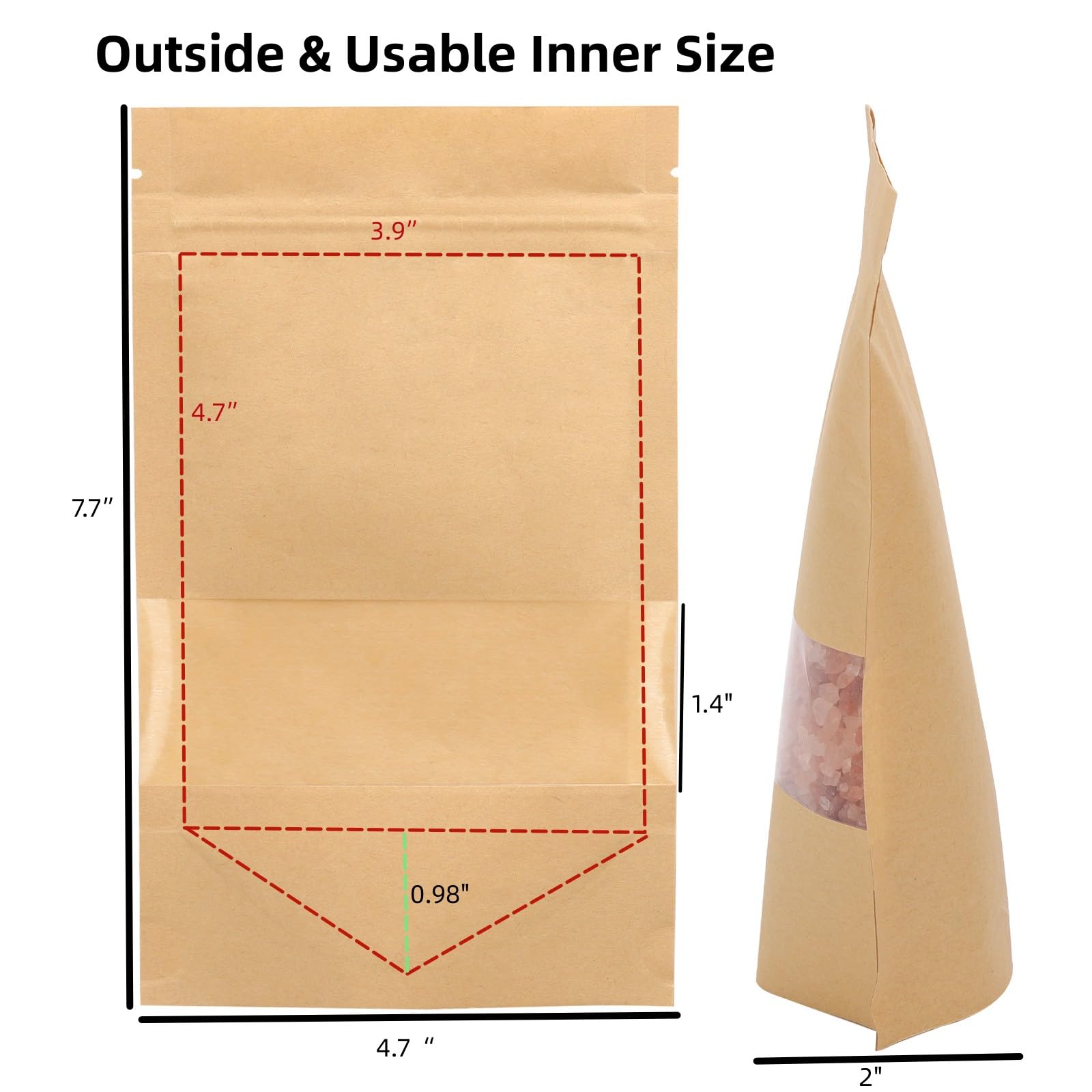 100pcs Kraft Paper Treat Bags with Window, Ziplock Stand Up Pouches for Packing Food Cookies Snacks