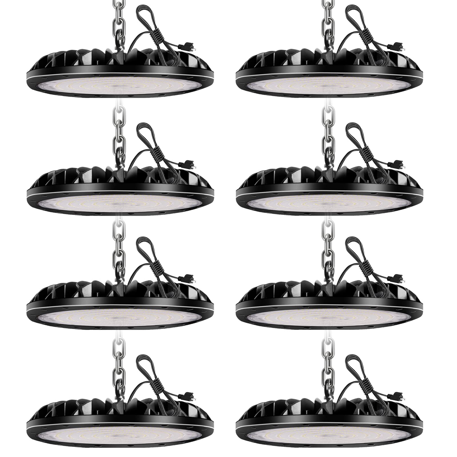 8 Pack 200W LED High Bay Light, 20000LM 6000K UFO LED Shop Light, 5' Cable with 110V US Plug, IP65 Commercial Lowbay Area Lighting Fixture for Workshop Warehouse Barn Residential Wet Location, Non-Dim