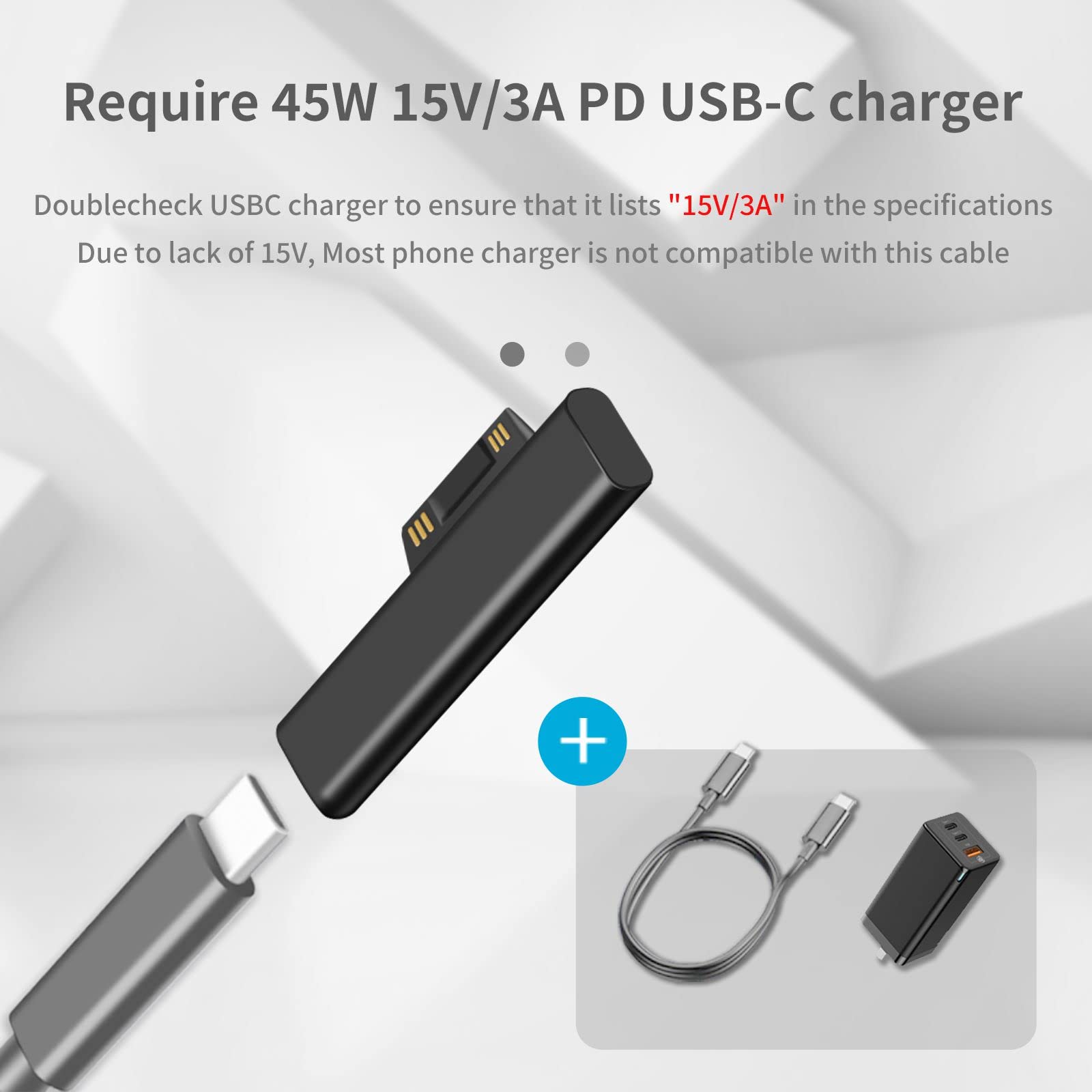 Sisyphy Surface Connect to USB C Charging Adapter (Basic Black, Connector only, 1 Pack), Compatible for Microsoft Surface Pro 7/6/5/4/3 Go 1/2 Laptop 4/3/2/1, Works with 45W 15V3A USBC Power Supply