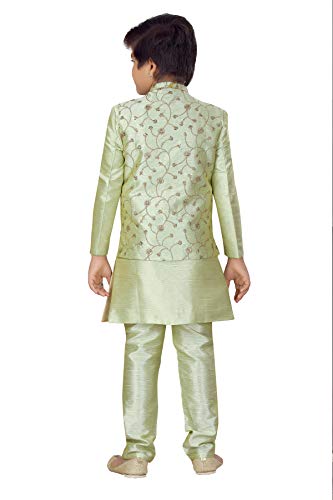 AHHAAAA Kids Ethnic Banarasi Silk Waistcoat Kurta Pajama Set for Boys Green