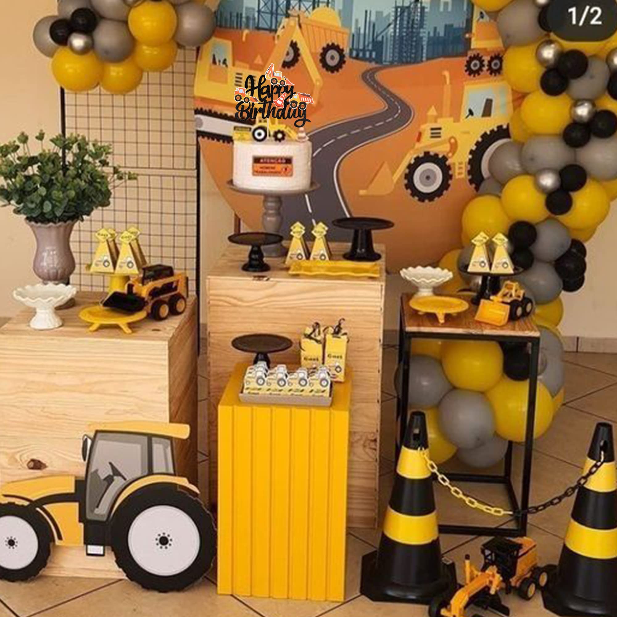 1 PCS Construction Happy Birthday Cake Topper Glitter Construction Cake Pick Dump Truck Excavator Tractor Cake Decorations for Construction Theme Baby Shower Kids Birthday Party Supplies Black