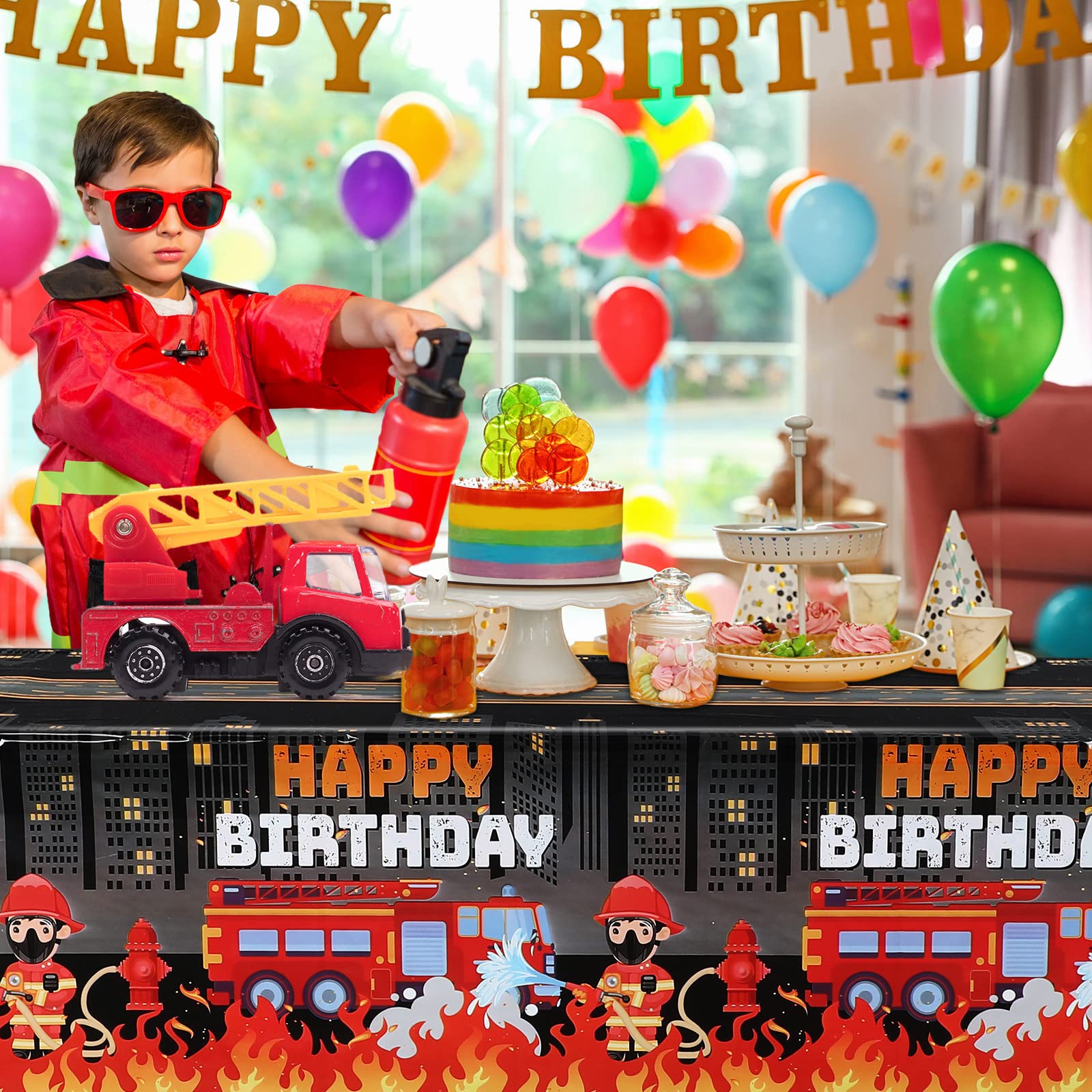3 Pack Plastic Fire Truck Tablecloths Firefighter Party Tablecloth Fireman Happy Birthday Table Cover Fire Truck Birthday Party Supplies for Firefighting Theme Party School Activity, 54 x 108 Inch