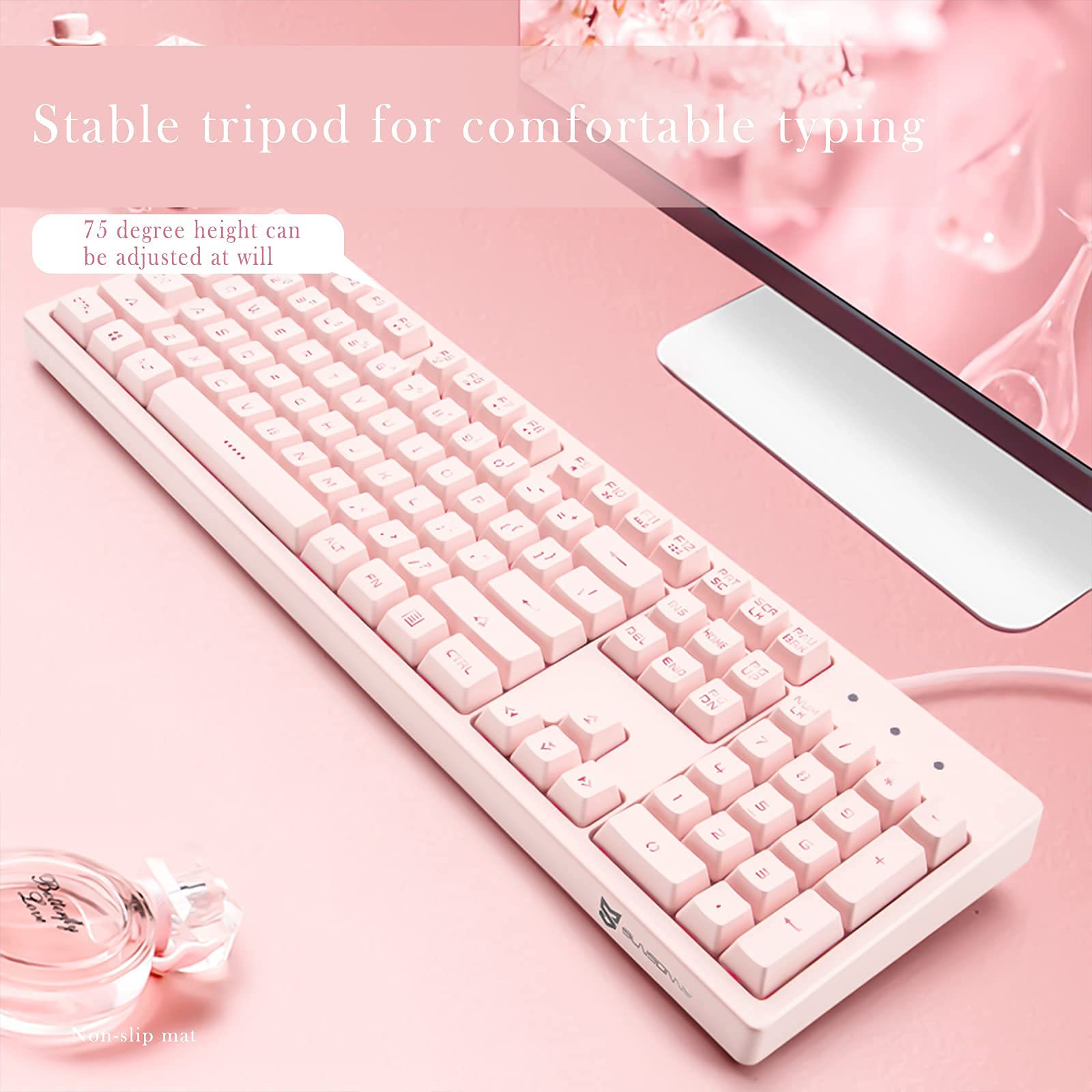VINMEN Pink Gaming Keyboard with 7 Color LED Backlit Wired USB 104 Keys Keyboard Waterproof Fresh Style Computer Game Keyboard for PC Mac Laptop