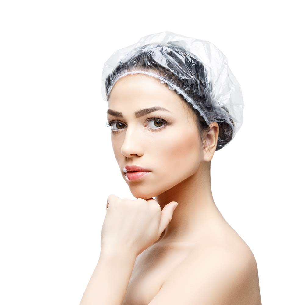50PCS Disposable Shower Caps, Plastic Clear Thickening and Thick Waterproof Caps for Hair Treatment, Spa, Hotel and Hair Solon, Home Use,Portable Travel (Size 44CM)