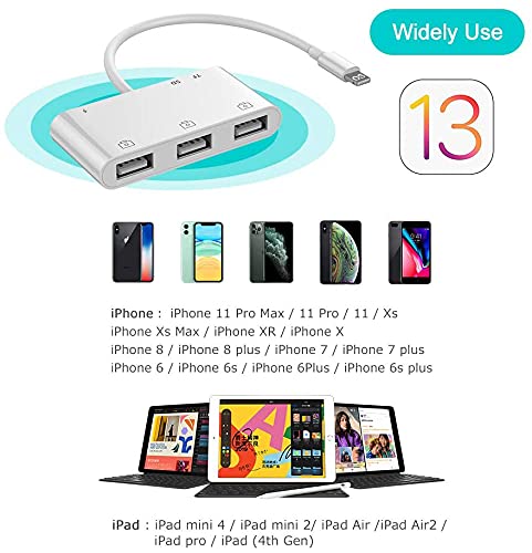 K-mate Compatible with iPhone/iPad to USB Adapter, 6 in 1 USB Camera to iPhone/ iPad Adapter with SD & TF Card Reader, Power Delivery, Compatible with iPhone/iPad/iPod and More USB Device White