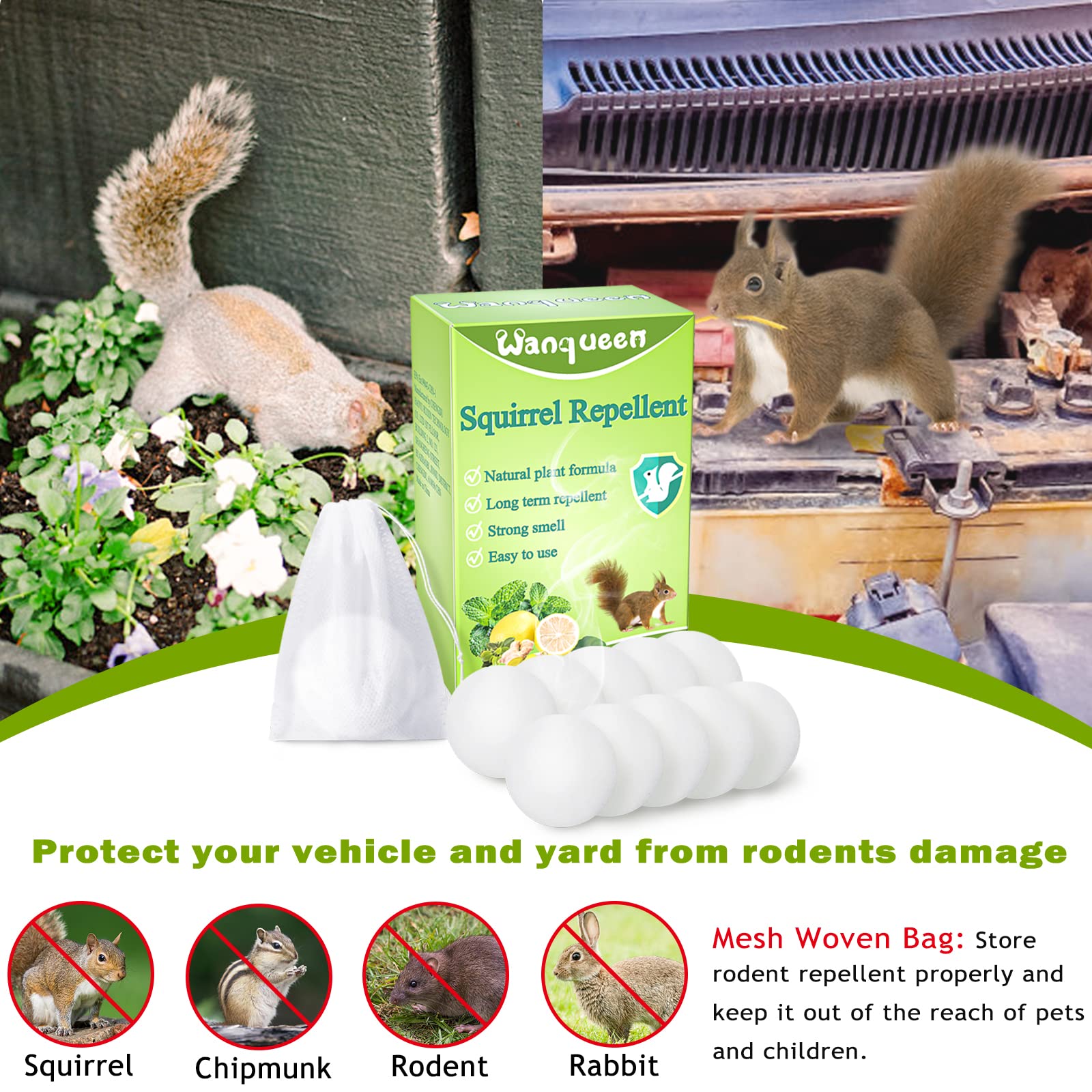 10 Pack Squirrel Repellent, Mouse Repellent for Car Engines, Peppermint Oil Squirrel Deterrent Pest Control Yard, Outdoor