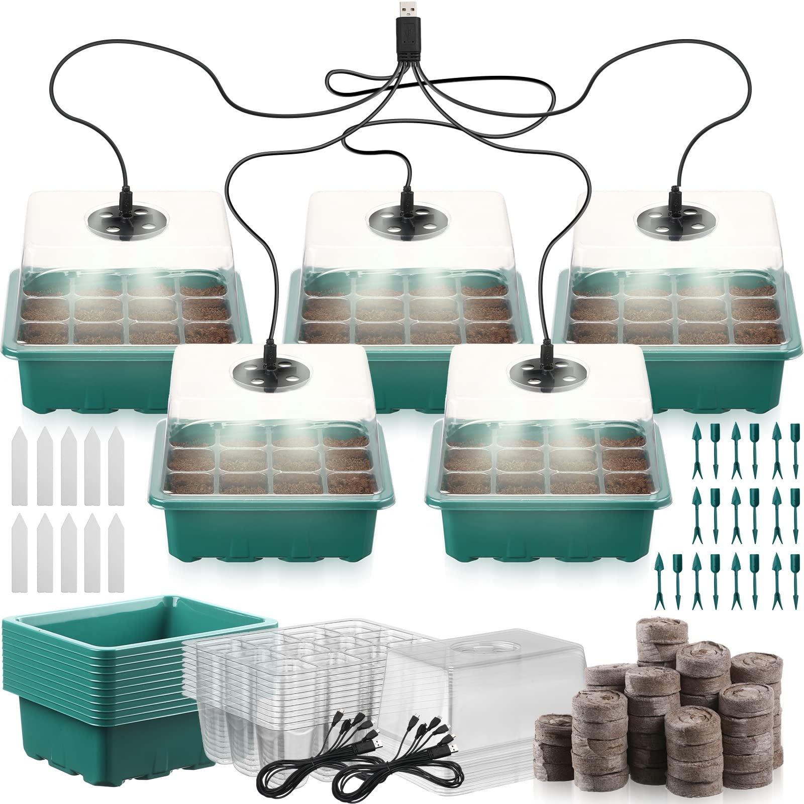 10 Pack Seed Starter Trays with Grow Light, 150 Peat Soil Pellet, 120 Cell Garden Seed Starter Trays Plant Grow Seed Box Tray with Adjustable Humidity Dome for Plant Germination Growing