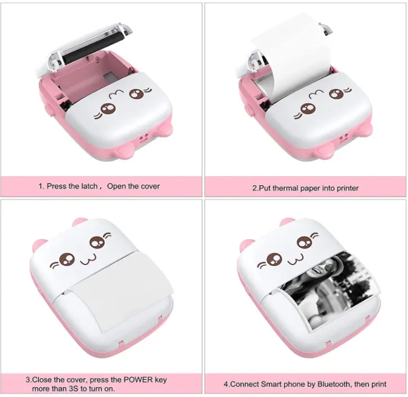 Fernuenx Mini Portable Printer, Wiresless Bluetooth Inkless Pocket Thermal Printer with 6 Rolls of Thermal Paper for Android iOS Phone,Gift for Notes Study Travel Photos Office Home,Pink