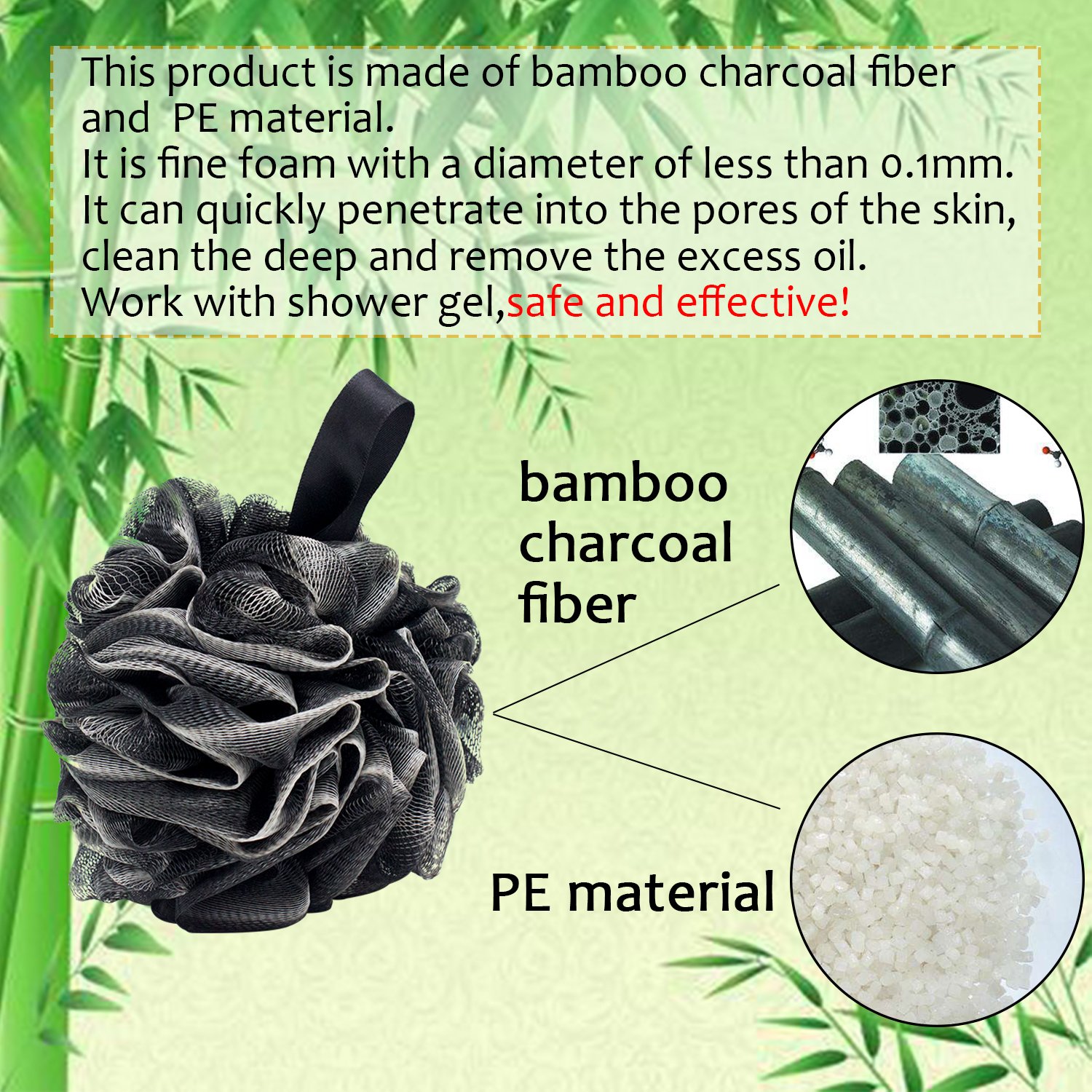 4 Packs Bath Loofahs-Eco-Friendly Carbonized Bamboo Bath Shower Sponge Mesh Pouf Loofahs Shower Ball Loofahs Bath Sponge-Exfoliate,Cleanse,Soothe Skin(60g/pcs)
