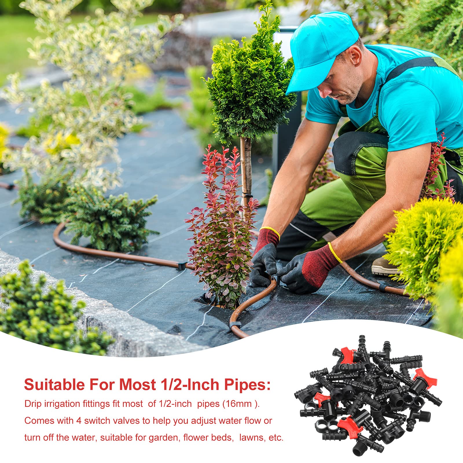 52 Pieces Drip Irrigation Fitting Kit Irrigation Barbed Connector for 1/2 Inch Tubing 4 Switch Valve, 8 Coupling, 8 Tee, 8 Elbow, 8 End Closure, 8 Plug, 8 16 to 4 Point Tee Connector