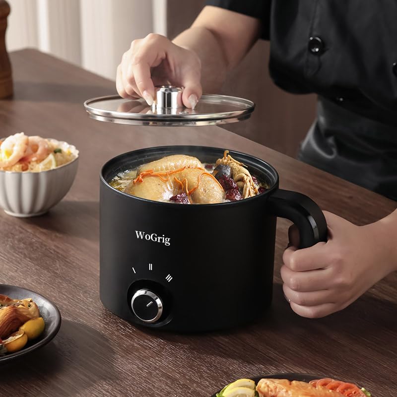 1.8L Electric Hot Pot,Ramen Cooker, Dual power supply Mini Portable Multi-Functional Lazy Pot for Pasta, Noodles, Egg, Soup,Rice,Non-Stick Noodle Cooker with Boil Dry Protection for Dorm, Office