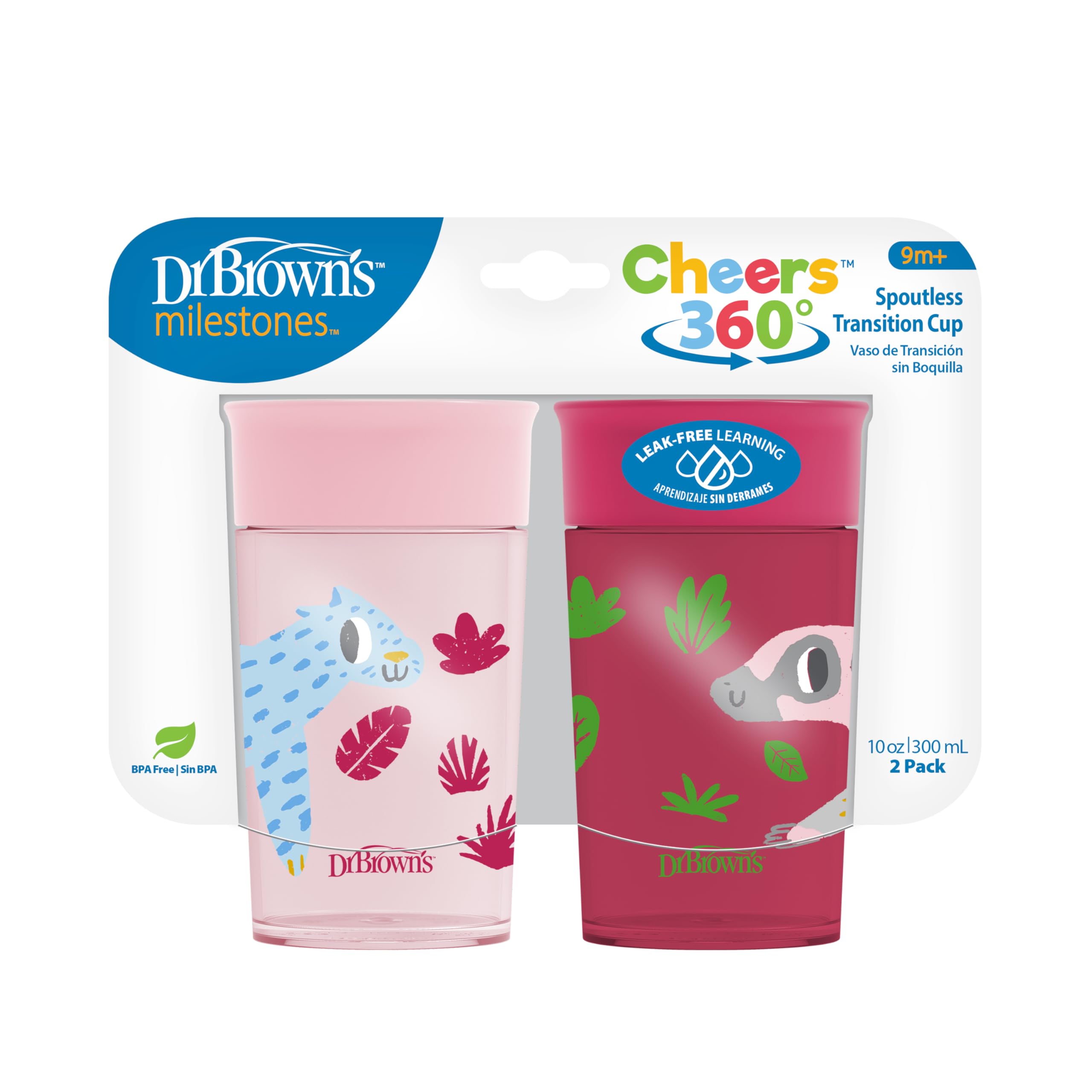 Dr. Brown's Milestones Cheers 360 Cup Spoutless Transition Cup, Travel Friendly & Leak-Free Sippy Cup, Pink Leopard – Red Lemur, 10 oz/300 mL, 2 count (1 pack)