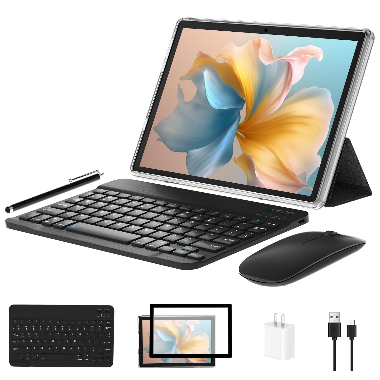 10 inch Android 13 Tablet, 8GB(4+4) RAM+64GB ROM 1TB Expand, 2 in 1 Tablets with Keyboard, Case, Mouse, Stylus, 1280x800 IPS Touch Screen, Quad-Core, WiFi 6, Bluetooth5.0, Dual Camera (Gray)