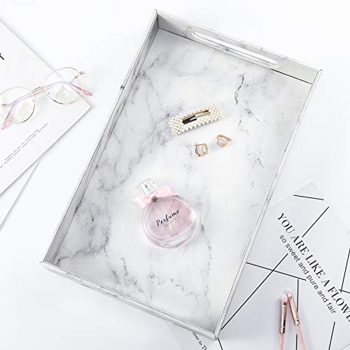 Lewondr Serving Tray with Wide Handles, PU Leather Ottoman Cofee Table Serving Tray, 14.96"x9.45"x1.97" Decorative Tray for Perfume Cosmetic Jewelry Key, Countertop Storage Organizer - Marble White