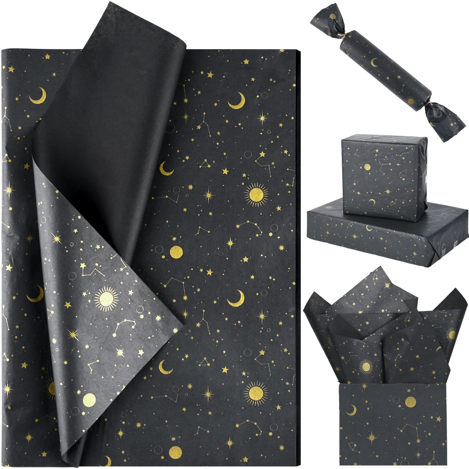 100 Sheets 20 * 14 Inches Galaxy Tissue Paper for Gift Wrapping, Black Gold Moon Star Printed Tissue Paper for Gift Bags for Birthday Christmas Baby Shower DIY Craft