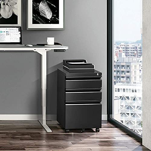 Black File Cabinet, 3 Drawer Mobile File Cabinet with Lock and Wheels, Under Desk Metal Filing Cabinet for Office,Lockable Rolling Cabinet with 2 Keys for Legal/Letter/A4 Size, Fully Assembled (A)
