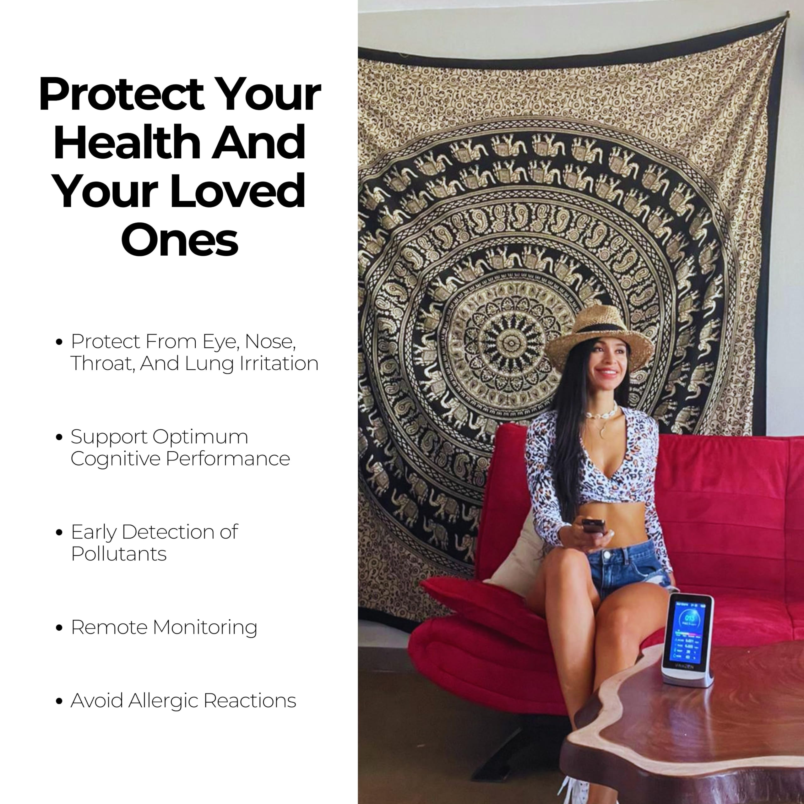 VitaliZEN Airwise Indoor Air Quality Quality Monitor, Portable, for Real-Time PM2.5, PM1.0, CO2, PM10, Volatile Compounds, TVOC, Formaldehyde, Temperature, and Humidity. Compatible with Android & iOS