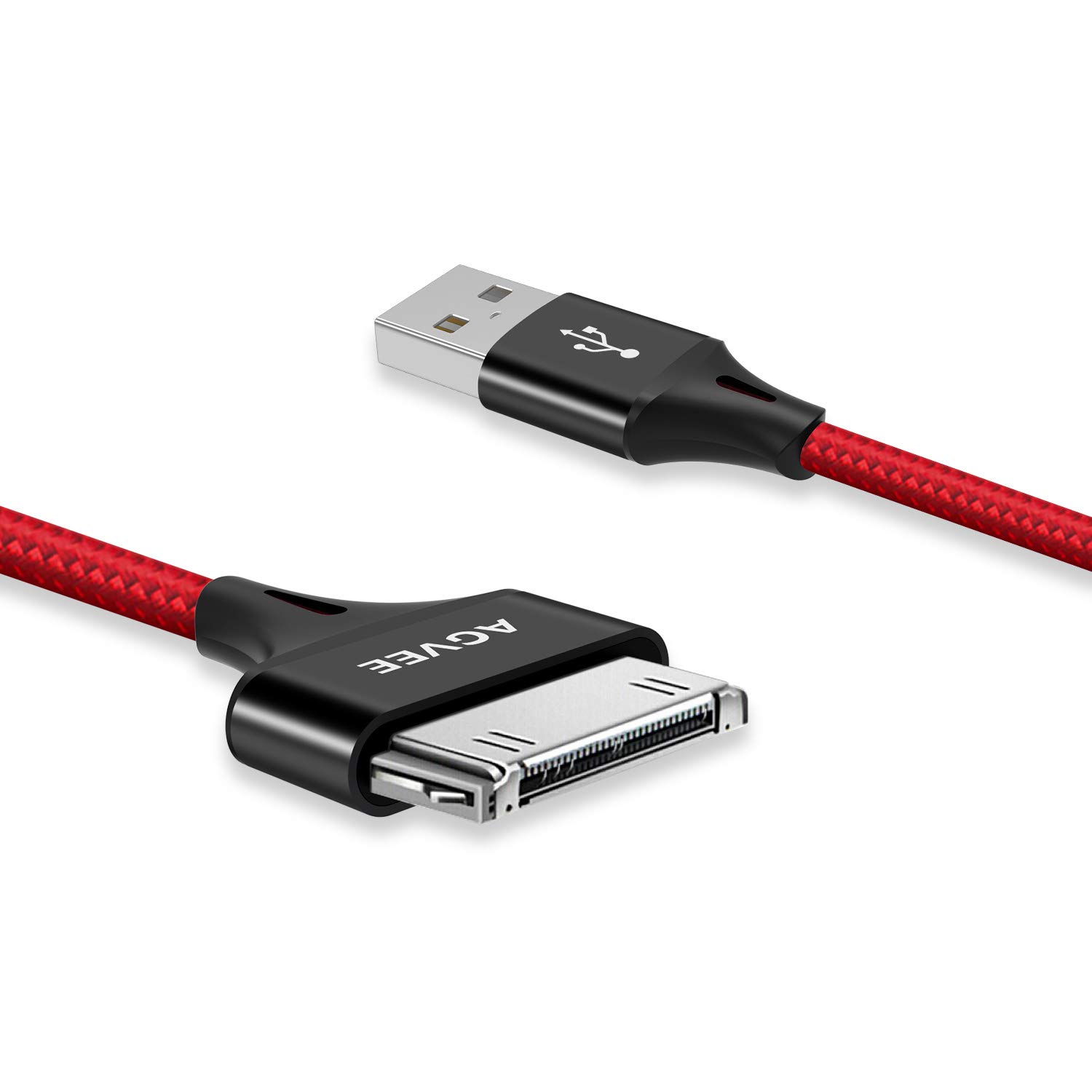 AGVEE [3 Pack 10ft for Old iPhone 4/4S iPad 1/2/3 iPod Charger Cable, 30 Pin Heavy Duty Fast Unbreakable Nylon Braided Slim Metal Shell Long Charging Data Sync Cord with Leather Ties, Red