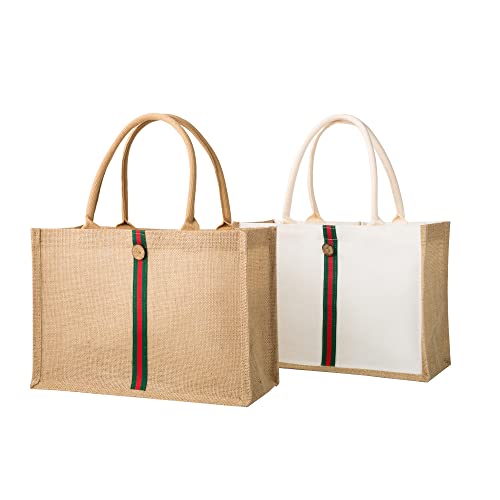 2 Pack Jute Tote Bag Reusable Burlap Tote Bag with Handles Burlap Gift Tote Waterproof Interior Delicate Striped Vintage Button Bridesmaid Wedding Tote Grocery Shopping Beach Bag Weekend Party DIY