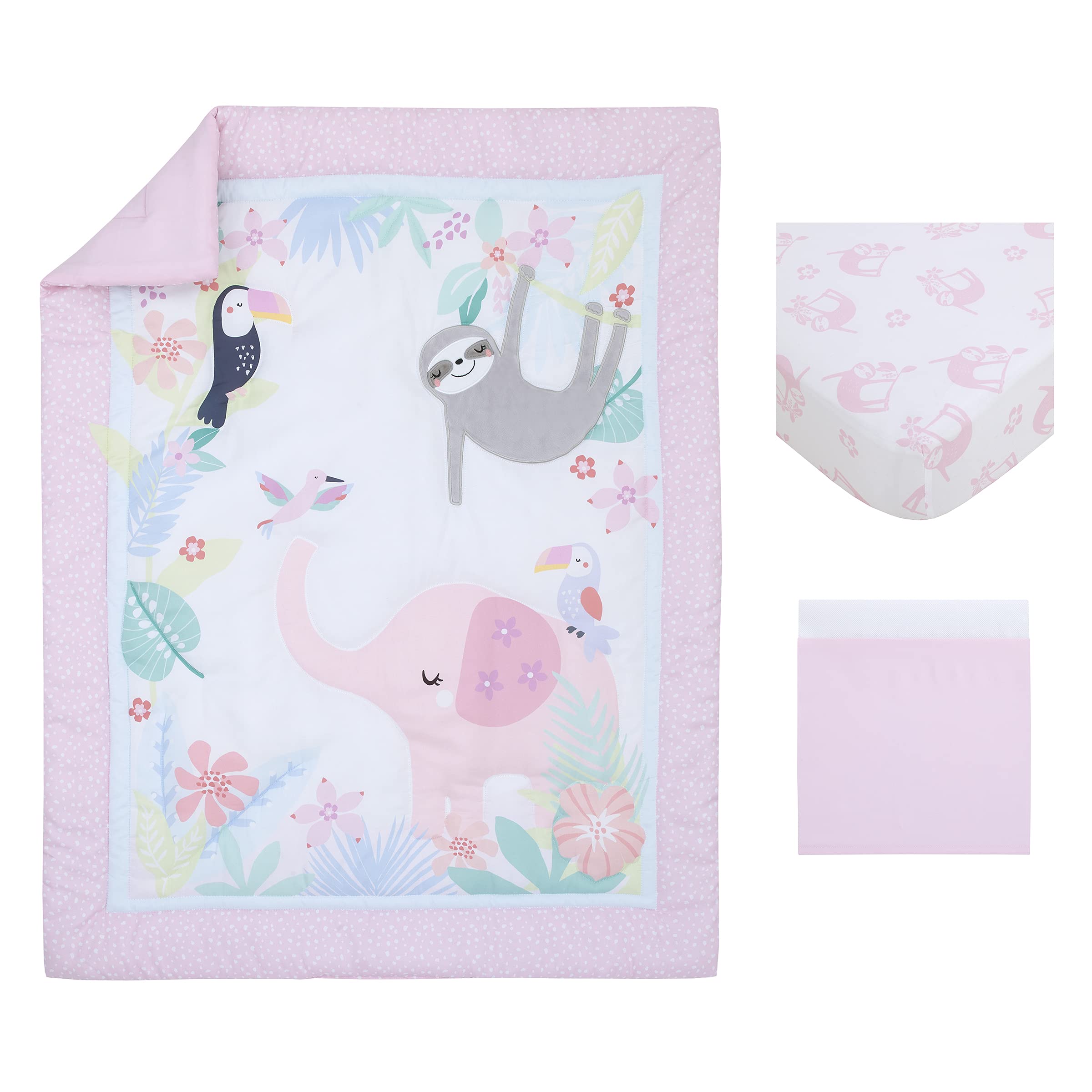 NoJo Little Love Tropical Garden Pink, Green, and White Jungle Animal 3 Piece Nursery Crib Bedding Set - Comforter, Fitted Crib Sheet, and Crib Skirt
