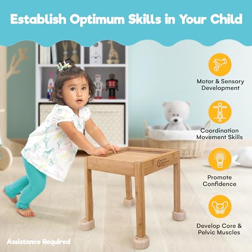 Little Balance Box Push Pull Walker Toy, 2-in-1 No Wheels Spring Feet, Wooden Walker, Girl Boy Toddler Walker with Toddler, Child Activity Table, Tall Beige + Booties