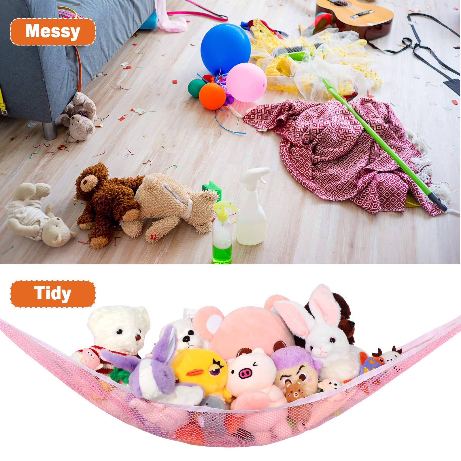 4 Pieces Stuffed Animal Hammocks Stuffed Toy Storage Hammock Nets Jumbo Wall Sling Corner Mesh Toy Organizer, Doll Hanging Net with Hooks for Bedroom Playroom Plush (Black, Blue, White, Pink)