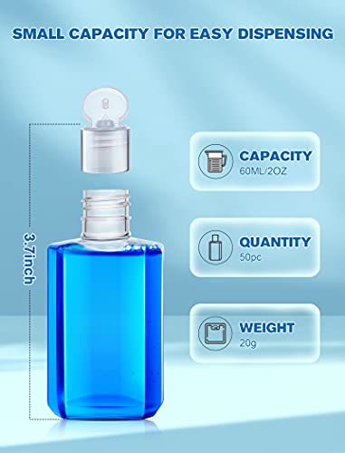 OceanTeda 2oz Empty Hand Sanitizer Travel Size Bottles 50pcs, Plastic Mini Clear Refillable Flip-Top for Hand Sanitizer Shampoo Baby Shower Containers