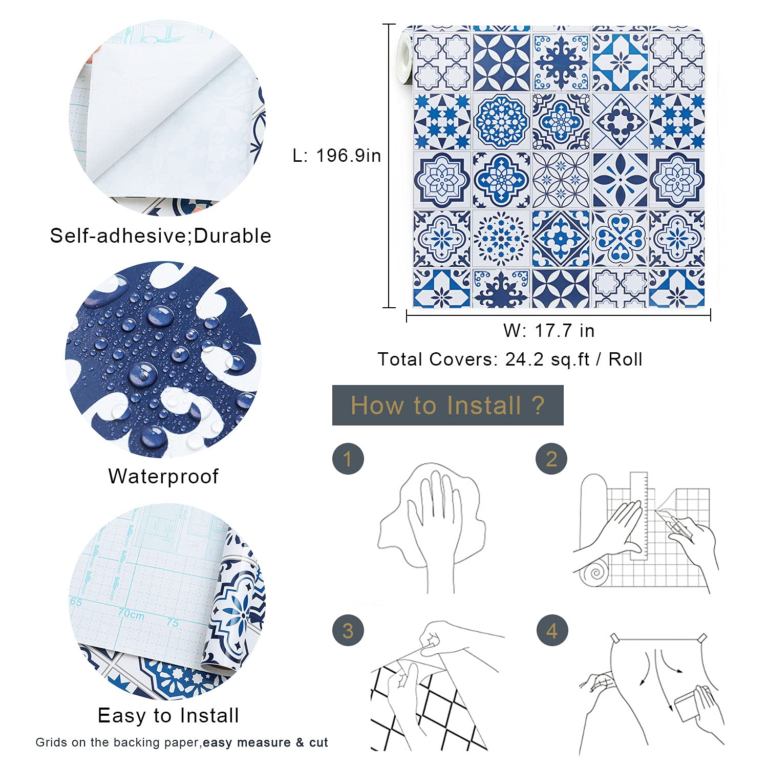 197"x 17.7"Blue Pattern Contact Paper Glossy Surface Waterproof Contact Paper Decorative Self Adhesive for Kitchen Bathroom Counters Removable Counter Paper Peel and Stick Wallpaper Easy to Clean