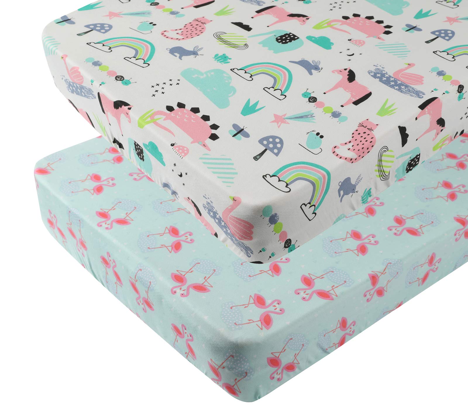 Tontukatu Stretchy Fitted Crib Sheets Set 2 Pack Portable Crib Mattress Topper for Baby Girl Boy,Ultra Soft Jersey Knit,Full Standard Flamingo Elephant Horse Lt Green Pink