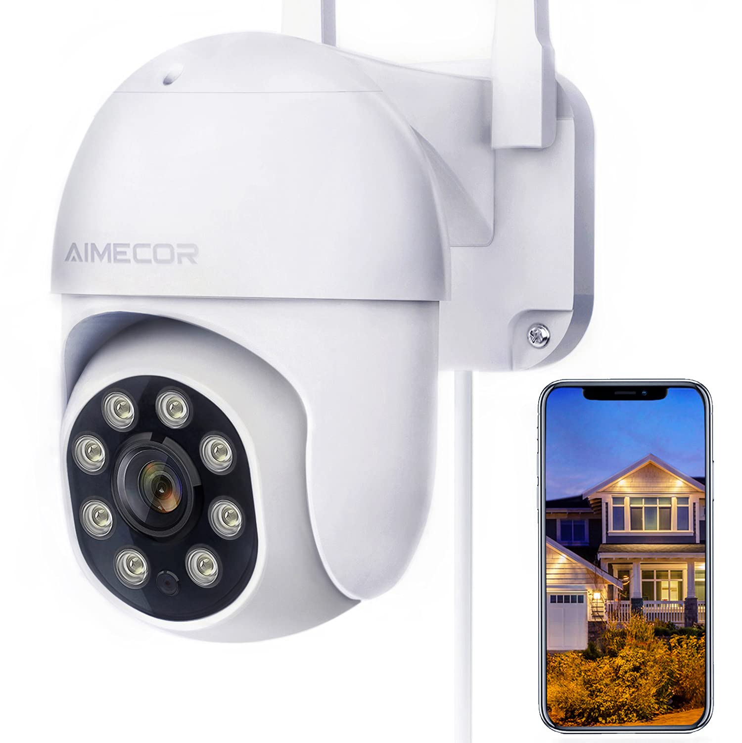AIMECOR Outdoor Security Camera, FHD 1080P Pan/Tilt 2.4G WiFi Home Surveillance Camera with Night Vision 2-Way Audio Cloud Motion Detection Activity Alert IP66 Waterproof Cloud Alexa - iOS, Android