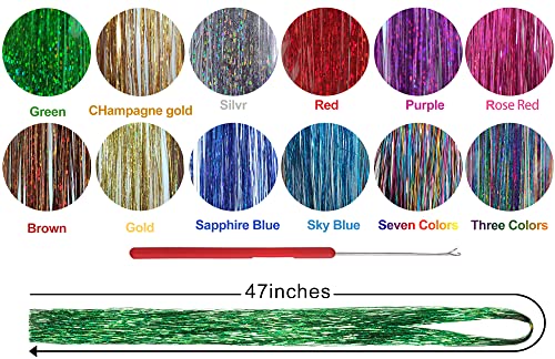 47 Inch 12 Colors Hair Tinsel 2400 Strands With Tool Sparkling Dazzle Glitter Shiny Hair Extensions Hair Tinsel Kit