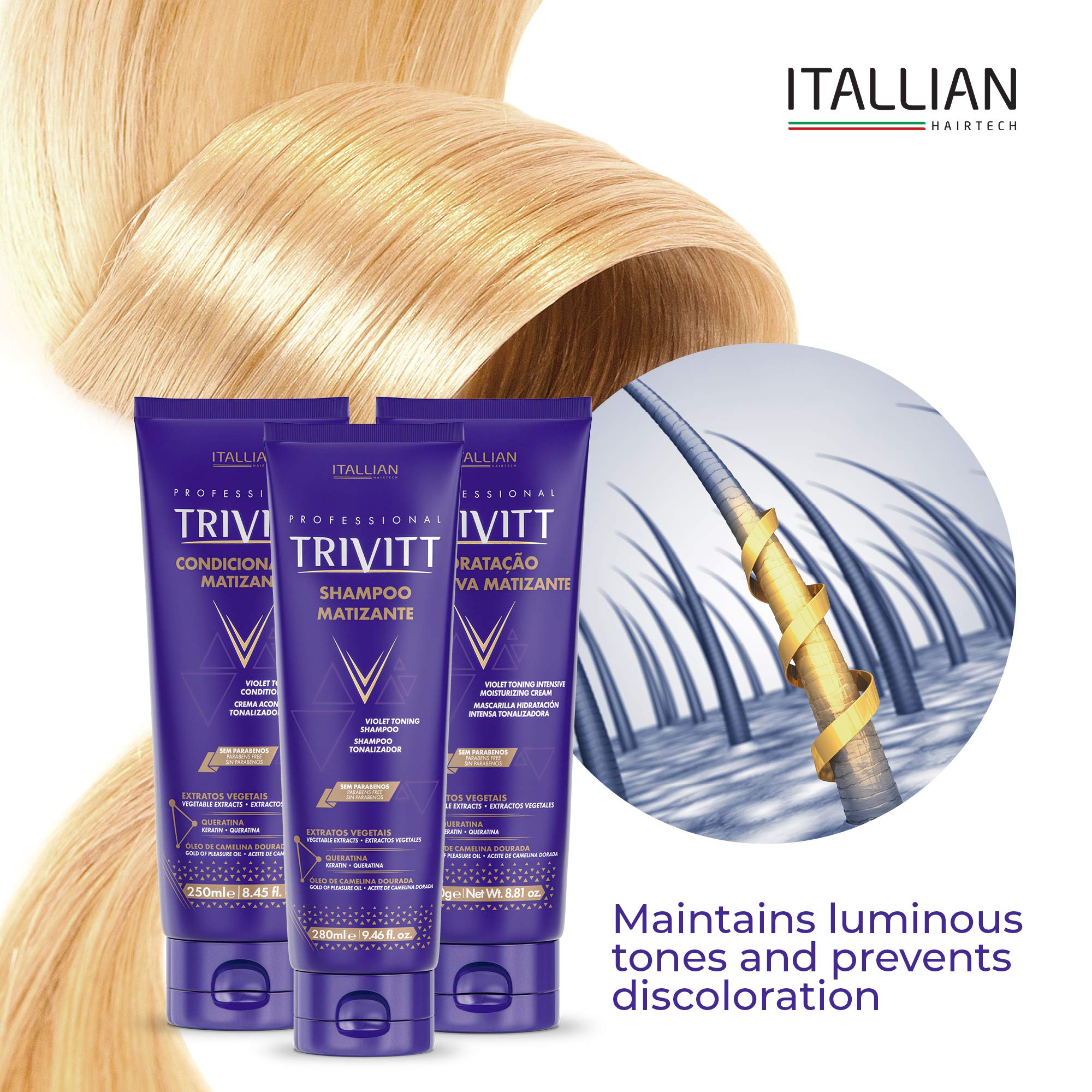 3 Piece Violet Toning Kit for Blonde Hair - Shampoo 280ml, Conditioner Cream 250ml, Intensive Moisturizing Cream 250ml for Advanced Hydration and Repair - Professional Trivitt by Itallian Hairtech