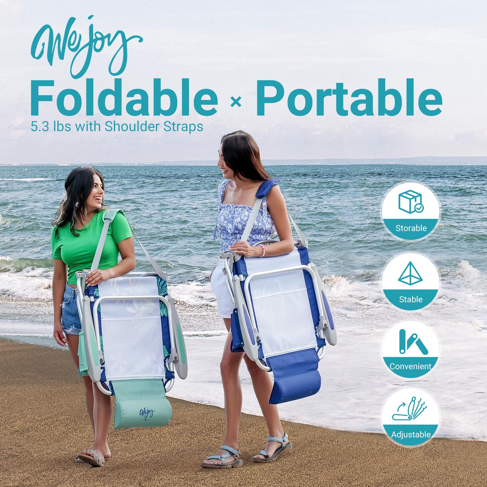 #WEJOY Aluminum Lightweight 4-Position Backpack Beach Chair, Reclining Low Seat Folding Beach Chairs for Adults with Carry Strap Cup Holder Pocket Armrest Headrest for Outdoor Camping Concert Lawn